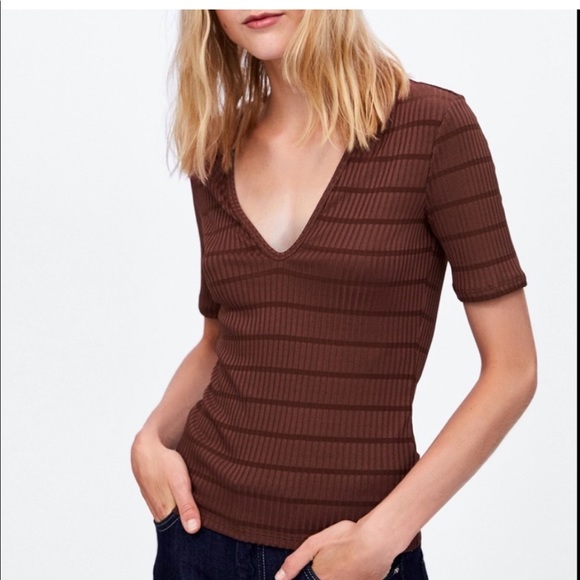 Zara | Tops | Zara V Neck Quarter Sleeve Brown Stripe Tee S Small Y2k | Poshmark